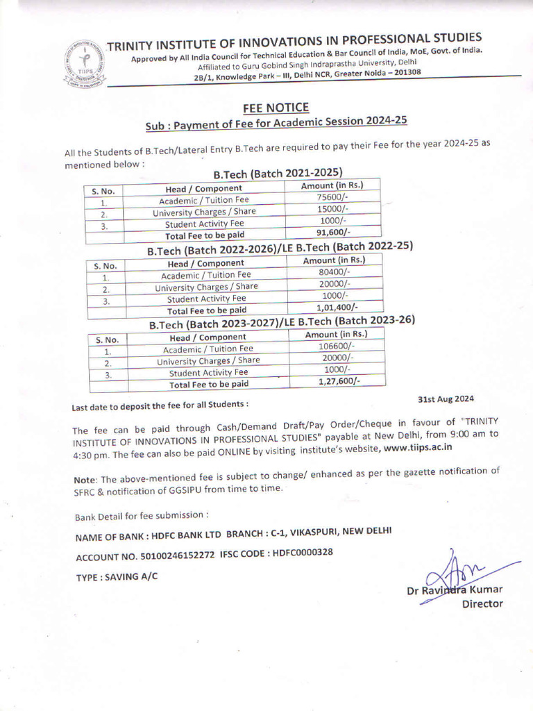 Btech Fee Notice 2024-25 | PDF