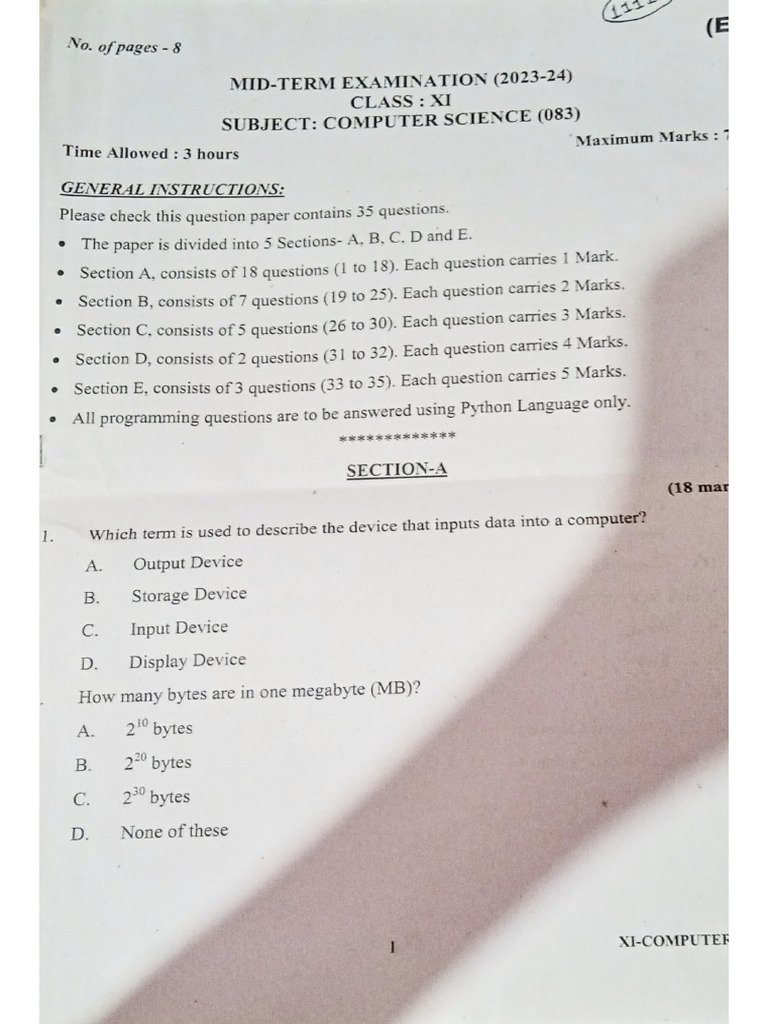 Computer science MID TERM PAPER 2023-2024.. | PDF