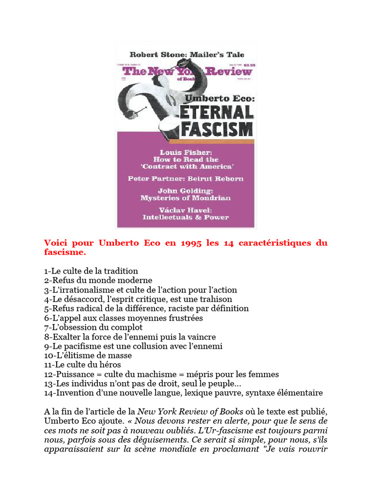 Umberto Eco (1995) - Les 14 Caractéristiques Du Fascisme | PDF
