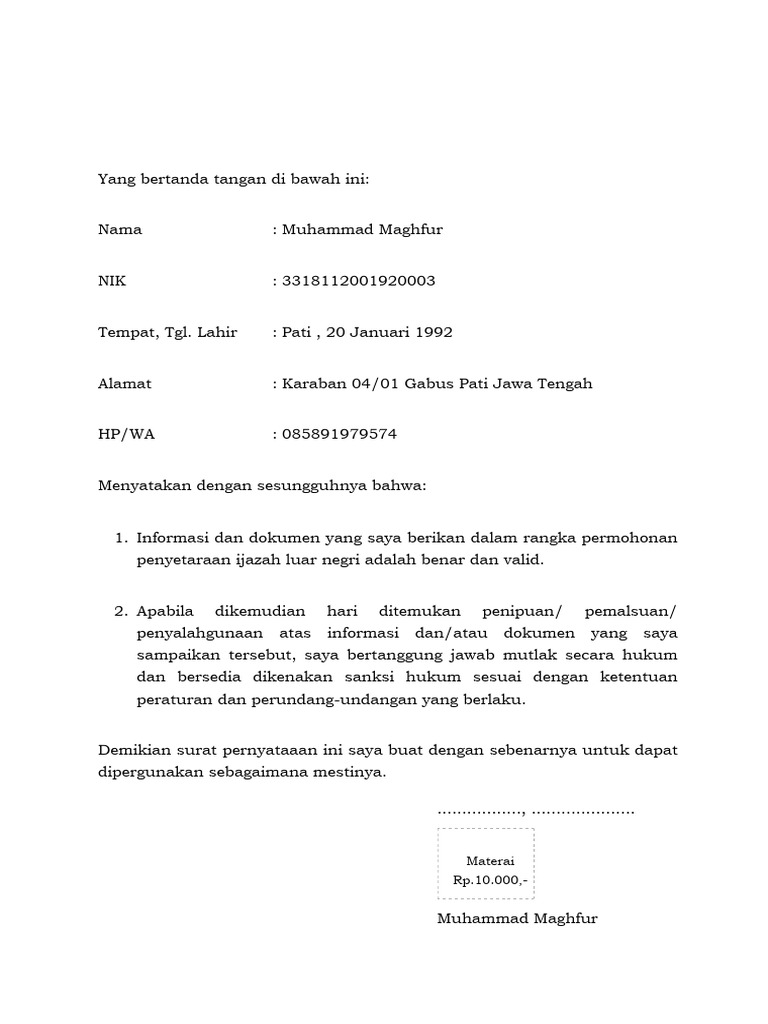 Surat Pernyataan Keabsahan Dan Kebenaran Dokumen: Materai Rp.10.000 | PDF
