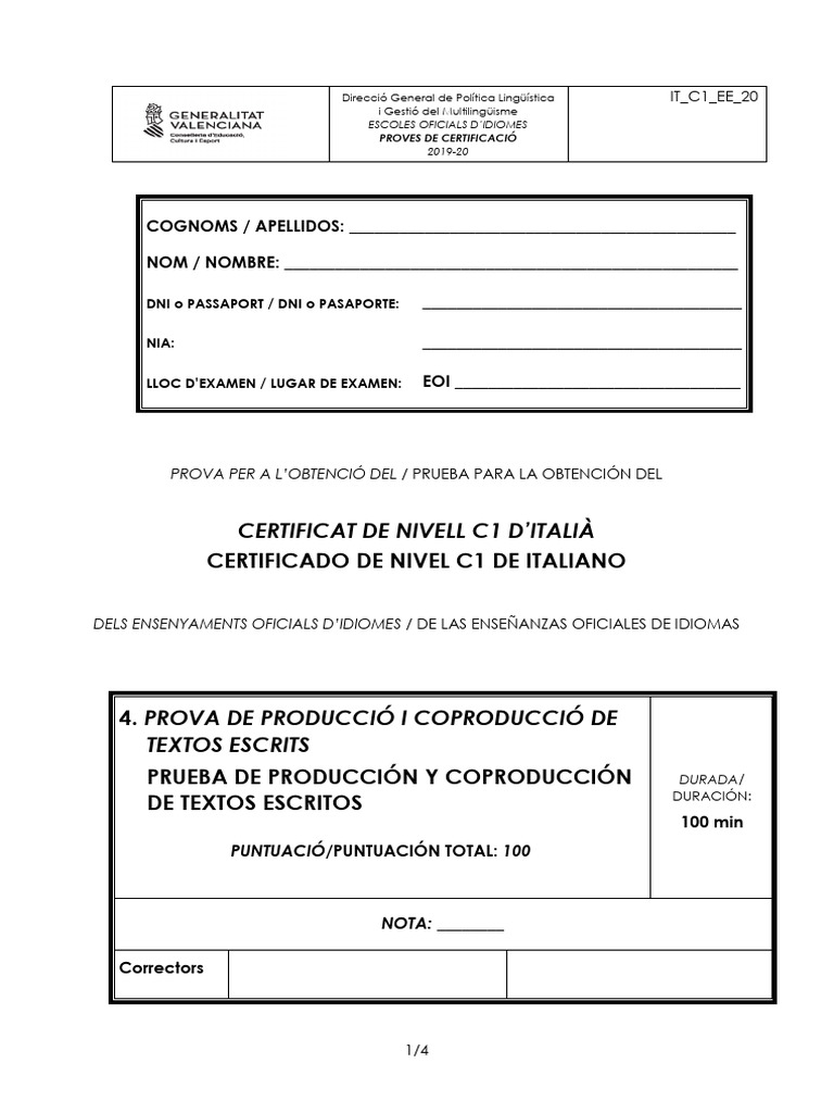 Certificat de Nivell C1 D'Italià | PDF