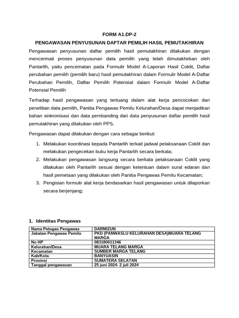 FORM A1-DP-2 Perekrutan Coklit Darmizun MTM | PDF
