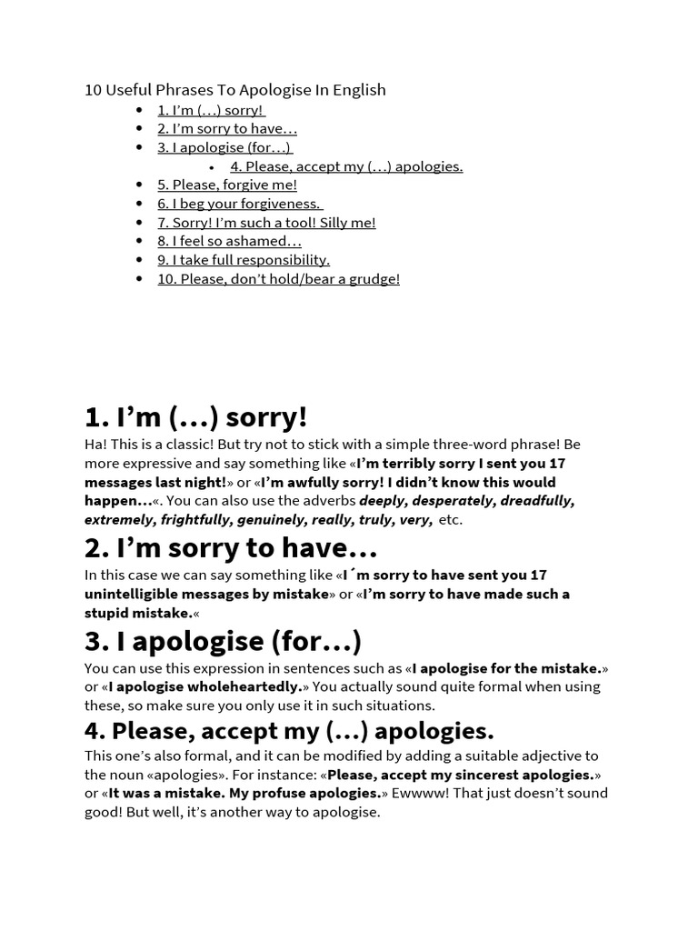 Saying Sorry Phrases | PDF