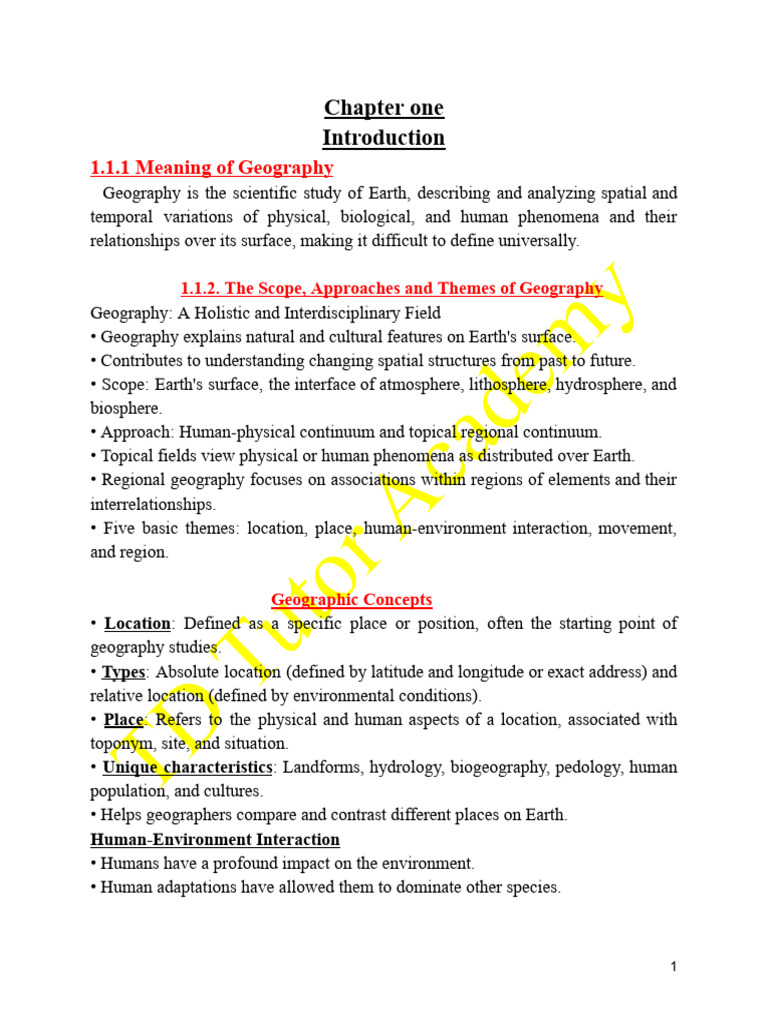 Geography For Freshman Unit One Short Note | PDF