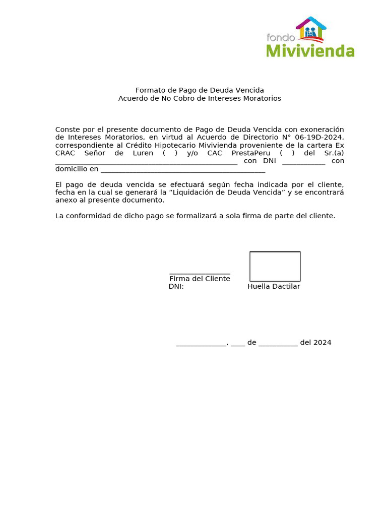 Formato de Pago de Deuda Vencida Con Exoneracion de Moras | PDF