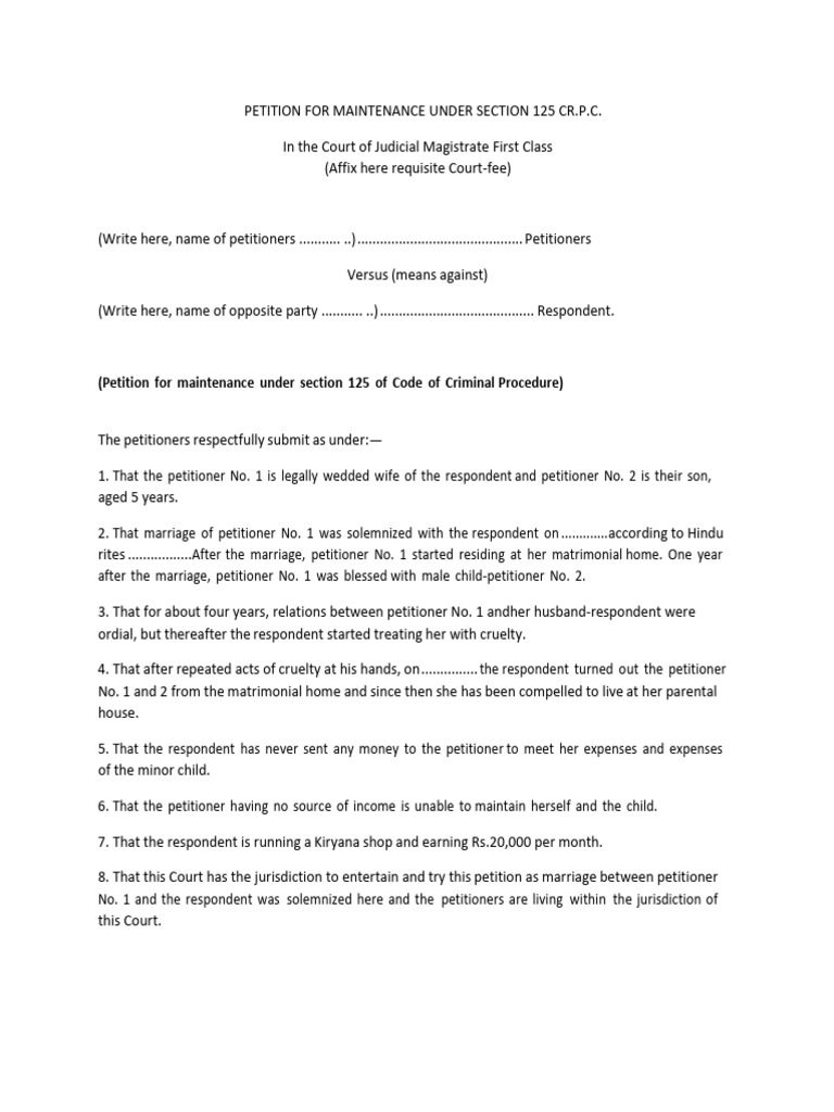 Petition For Maintenance Under Section 125crpc | PDF