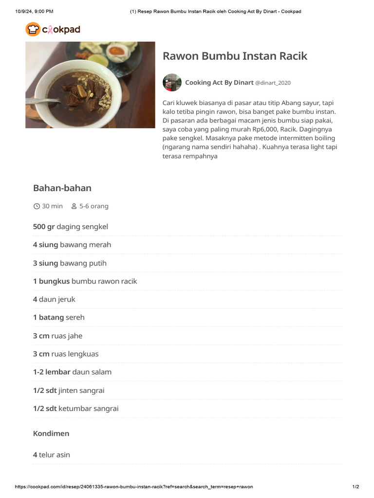 Resep Rawon Bumbu Instan Racik Oleh Cooking Act by Dinart - Cookpad | PDF