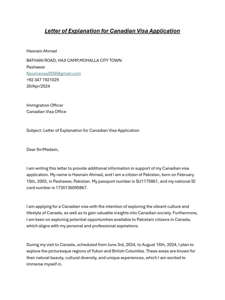 Canada Visa Application Explanation Letter | PDF | Travel Visa | Canada