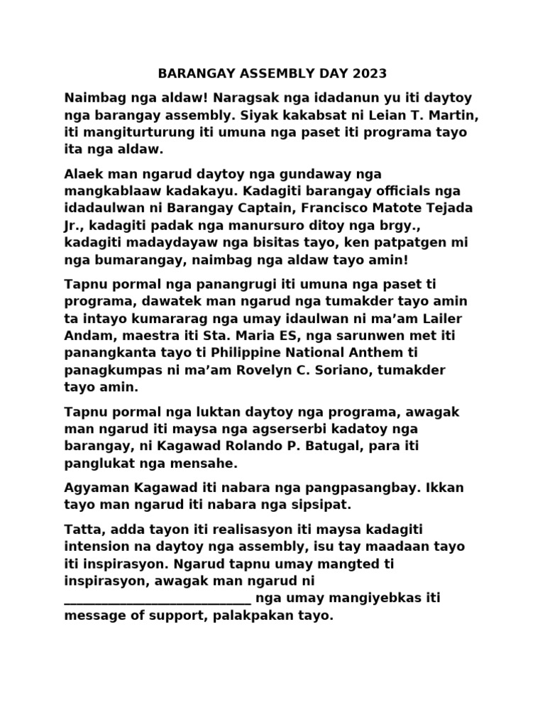 Barangay Assembly Day 2023 Script | PDF