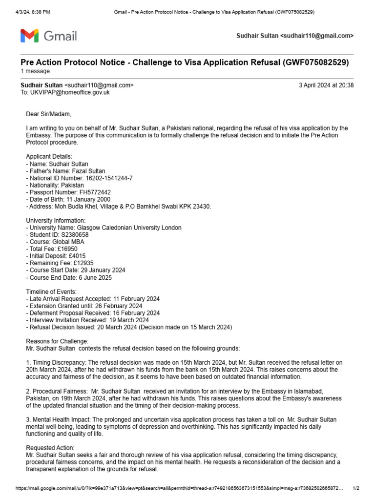 Gmail - Pre Action Protocol Notice - Challenge to Visa Application ...