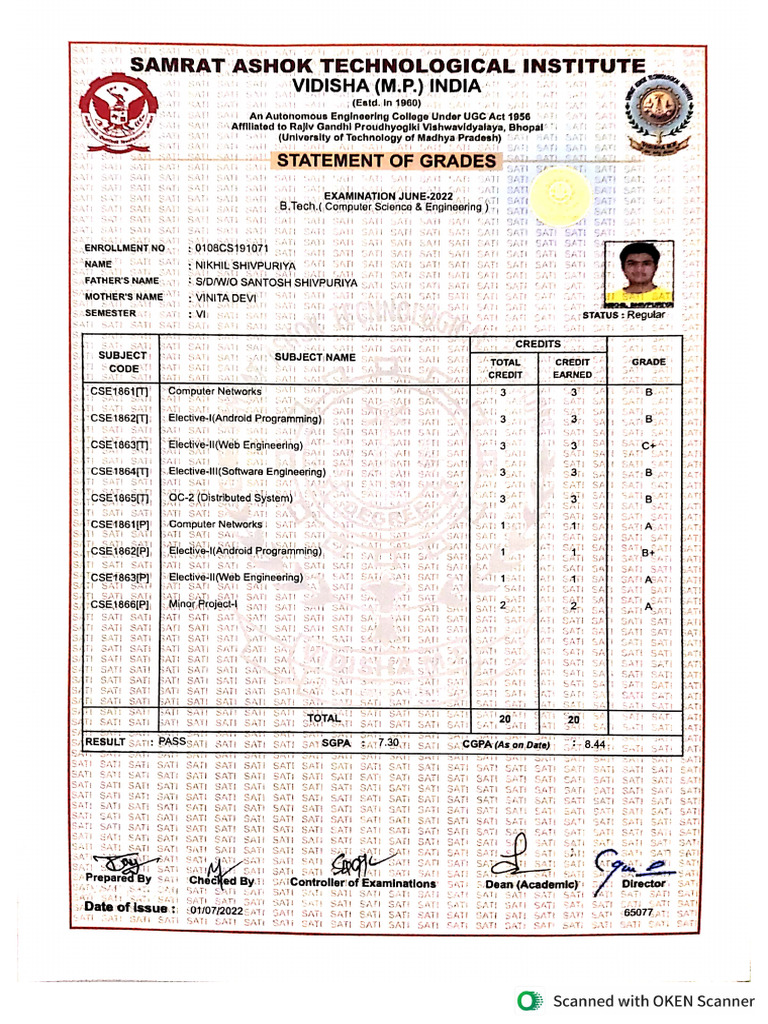 6th Sem Marksheet Nikhil | PDF
