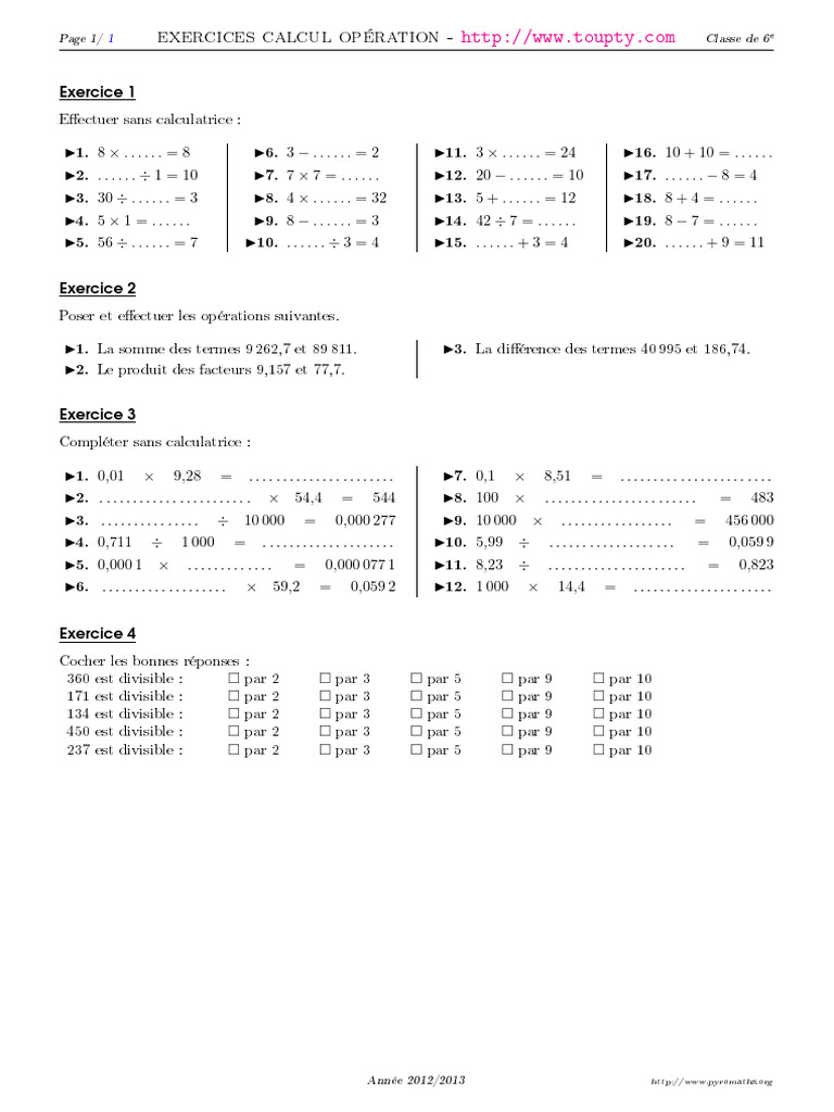 Exercices de Calcul Mental 6e | PDF | Computers | Technology & Engineering