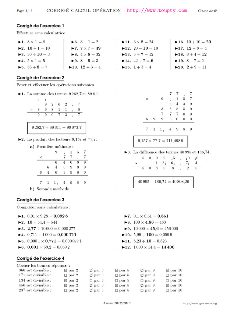 Exercice Calcul Operation 2 Corrige | PDF