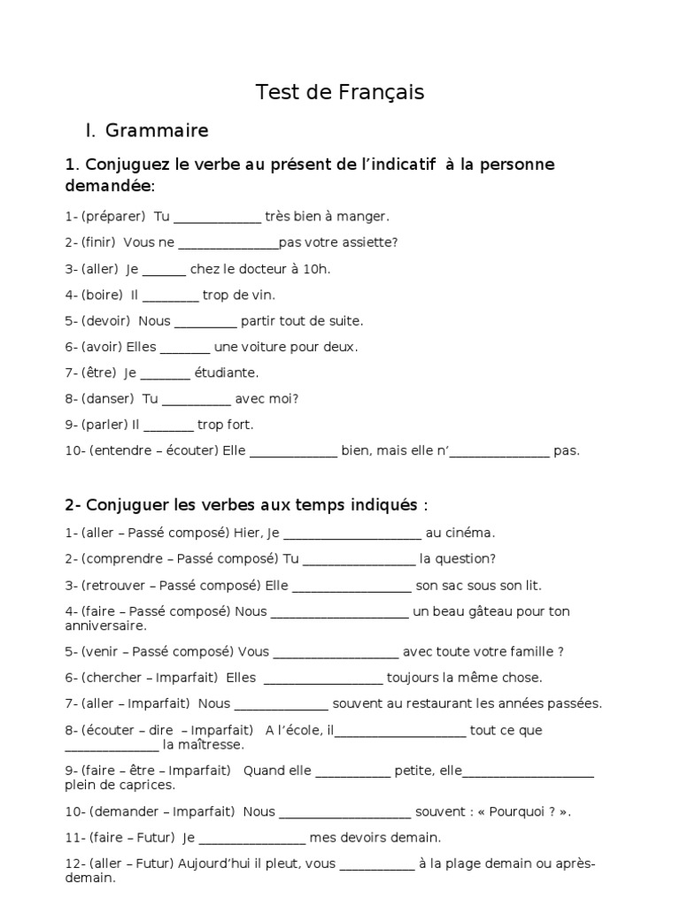 Test de Francais | PDF | Verbe | Genre grammatical
