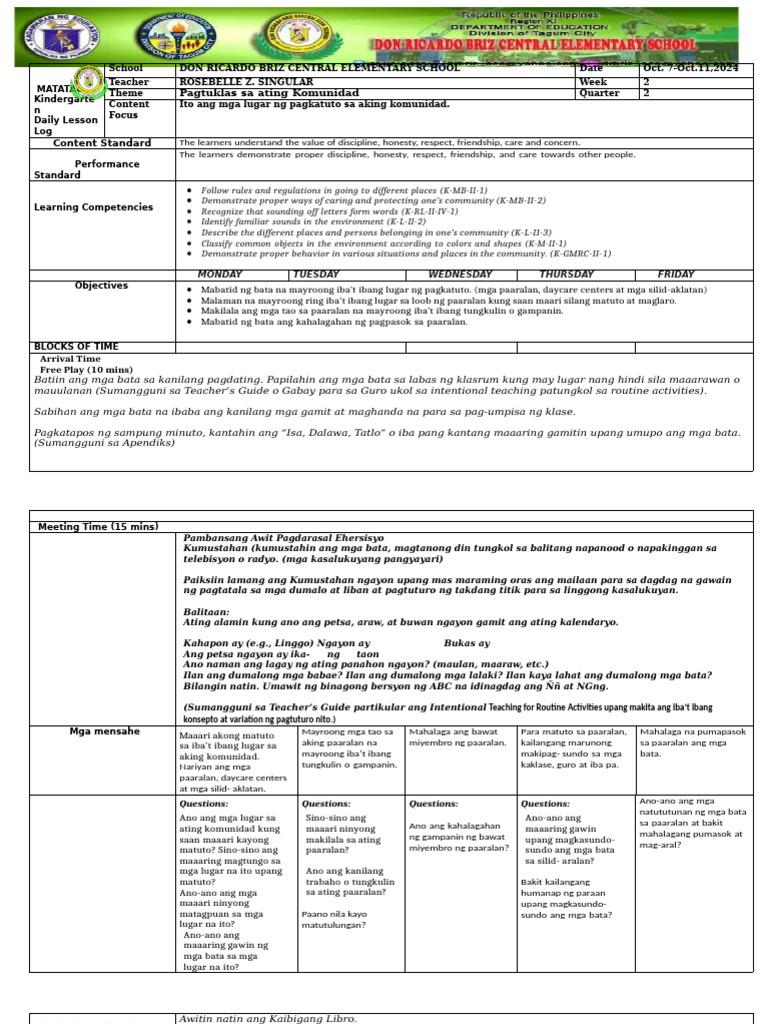 Week 2 - 2024 2 Lesson Plan | PDF | Behavior Modification | Learning