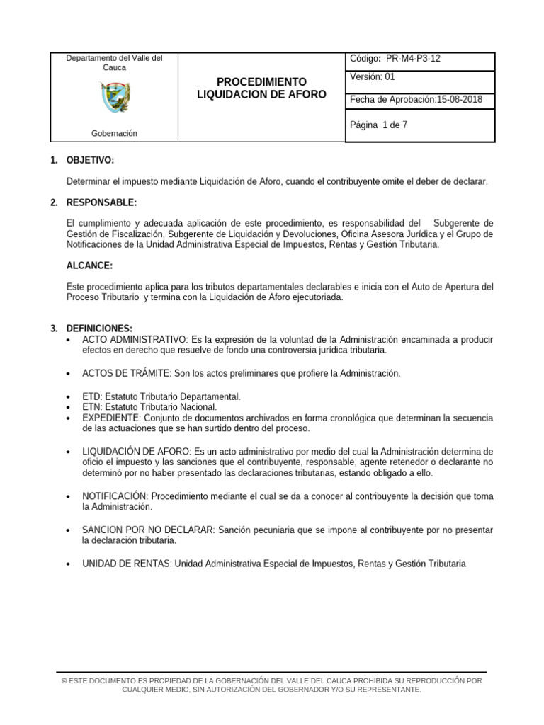 PR-M4-P3-12 V01 Liquidacion de Aforo | PDF | Liquidación | Finanzas y dinero