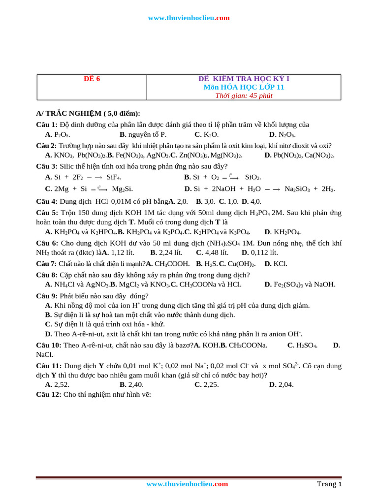10 de Thi HK1 Hoa 11 Co Dap An | PDF