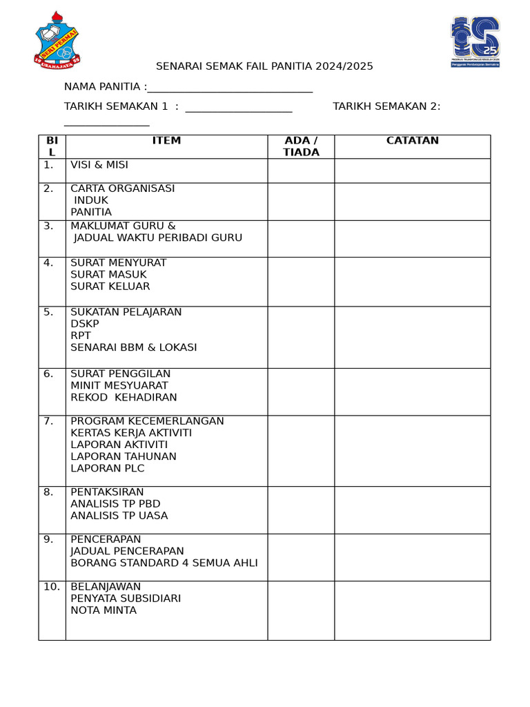SENARAI SEMAK FAIL PANITIA 2024 | PDF