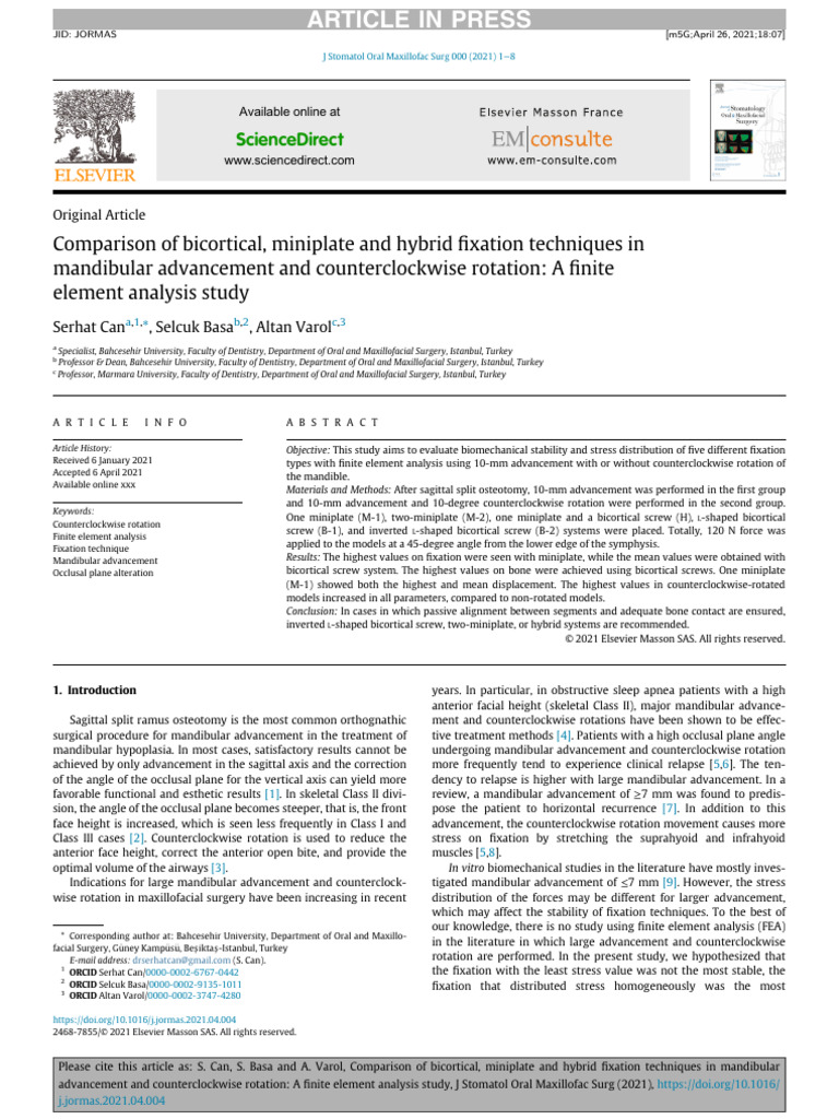 Comparison of Bicortical, Miniplate and Hybrid Fixation Techniques in ...
