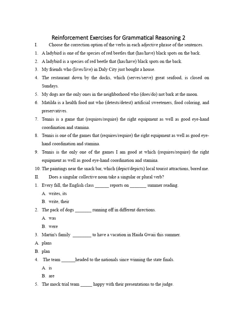 Reinforcement Exercises 2_ Subject Verb Agreement | PDF