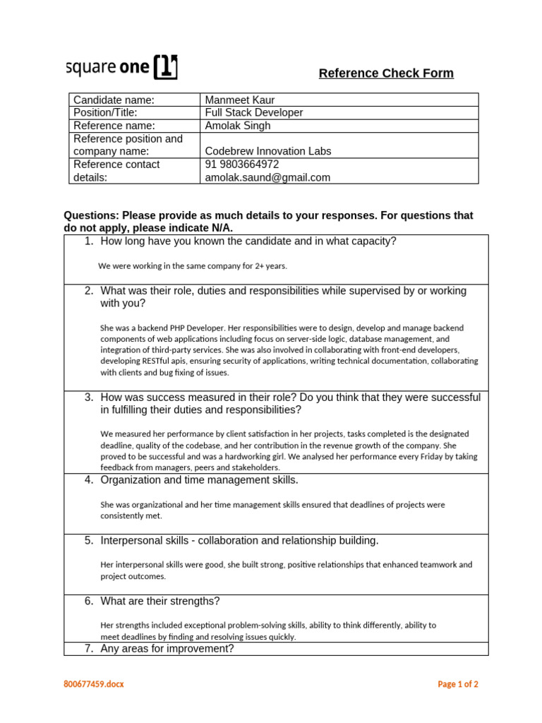 Reference Check Template | PDF