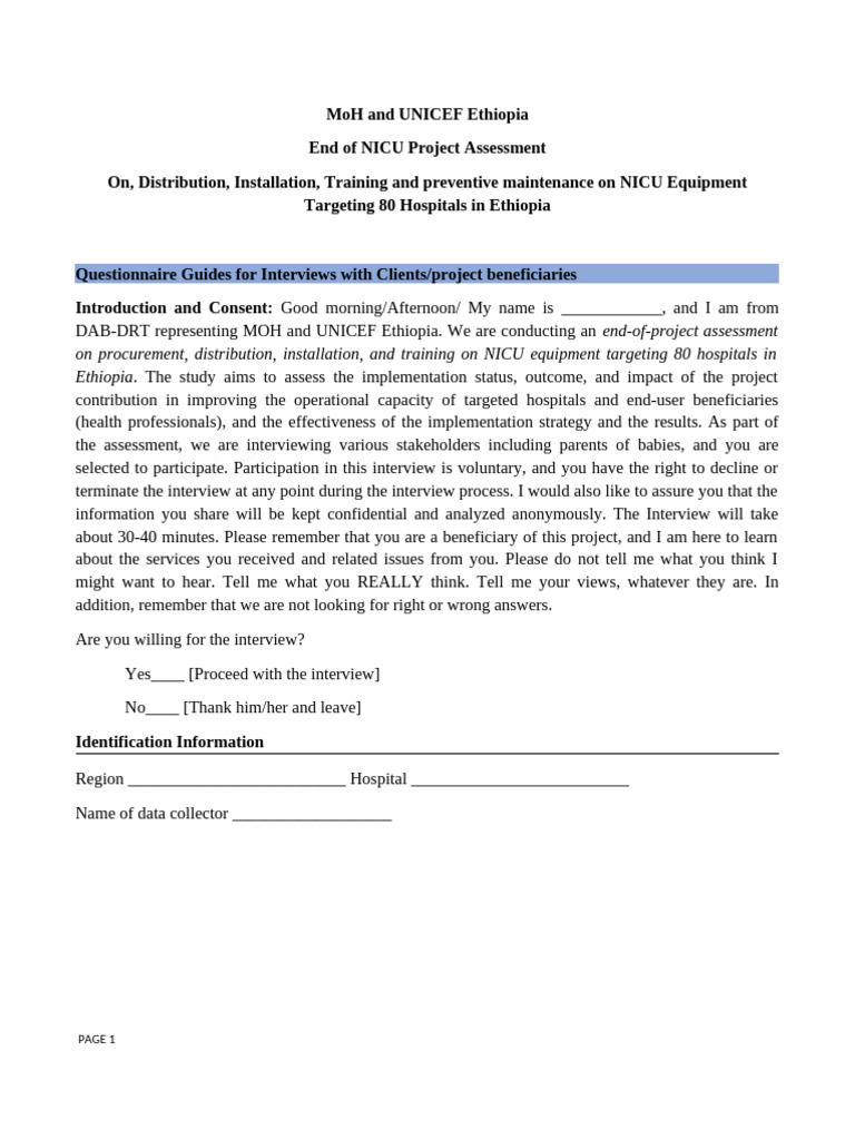 Quantitative Tool For Interview With HWs - NICU Assessment - English ...