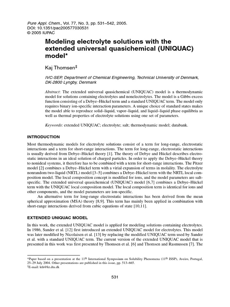 Modeling Electrolyte Solutions With The UNIQUAC Model | PDF | Chemical Equilibrium | Solubility
