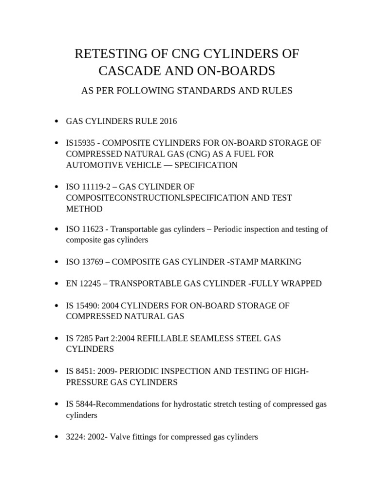 Standards List Retesting of CNG Cylinders of Cascade and On-Boards | PDF