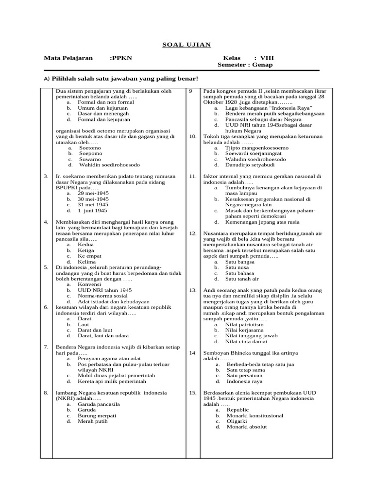 Soal PPKN Kelas 8 DM (2024) Semester 2 | PDF | Politik | Perjalanan