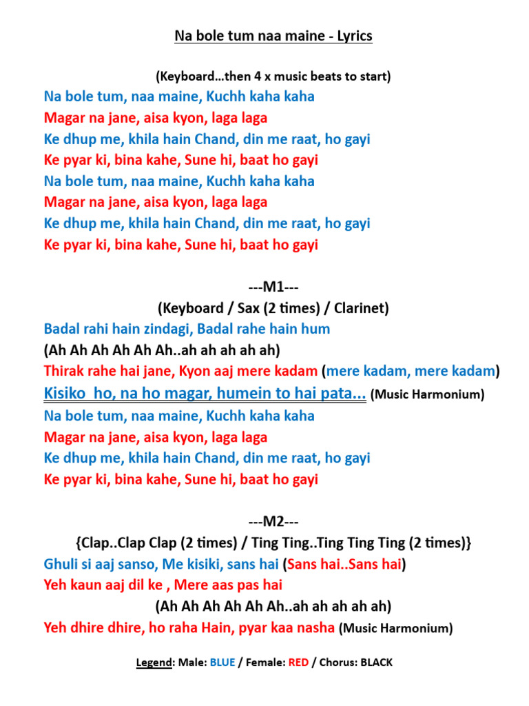 Na Bole Tum Naa Maine - Lyrics | PDF