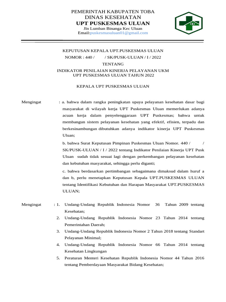 SK Indikator Kinerja Pelayanan UKM | PDF