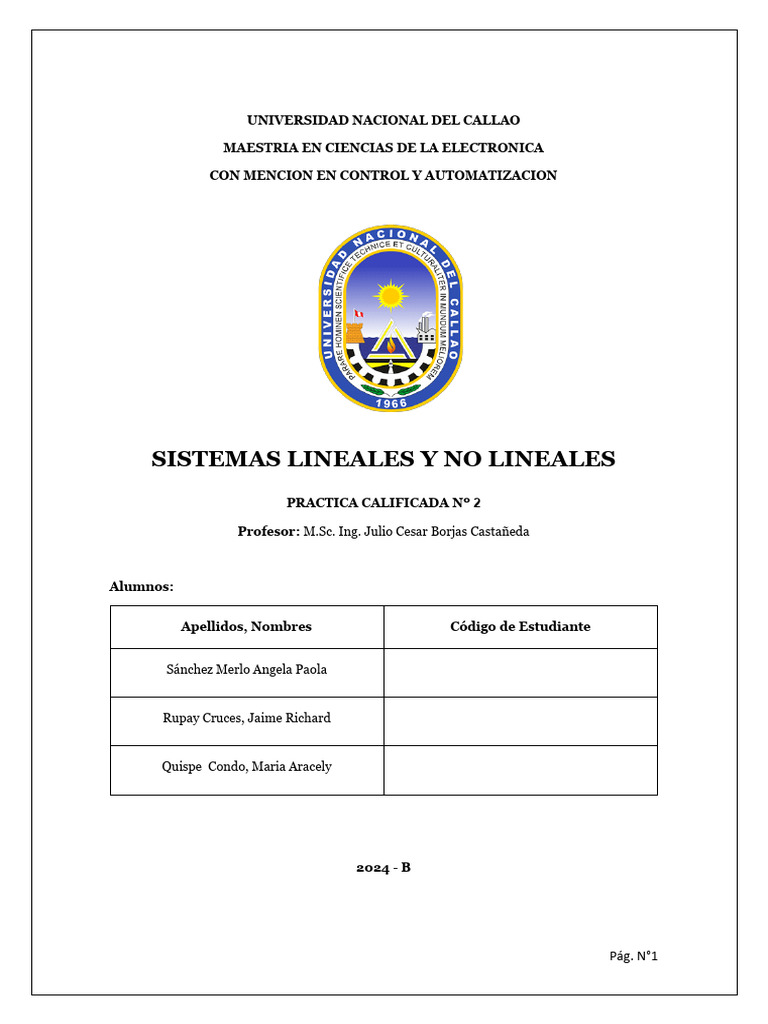 Segunda Practica Calificada Sistemas Lineales y Nolineales - Rev2 - Resuelto | PDF ...