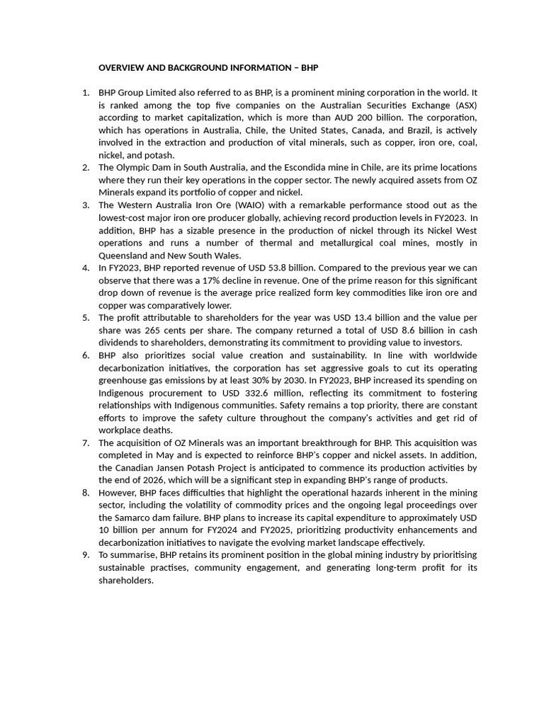 Overview and Background Information - BHP | PDF