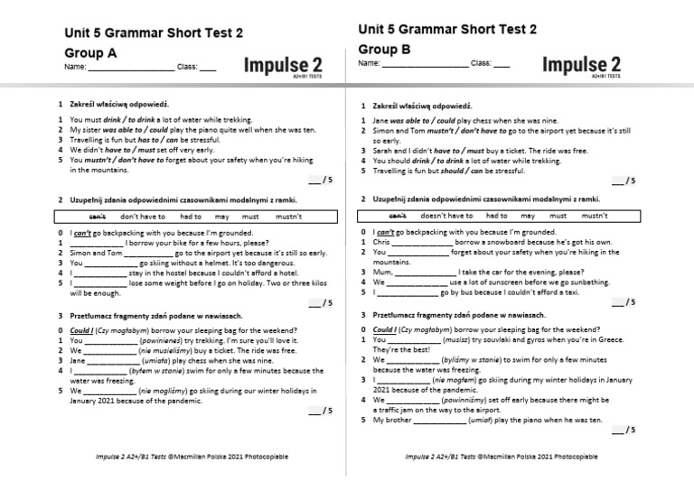 Unit 5 Grammar Short Test 2 A+B | PDF