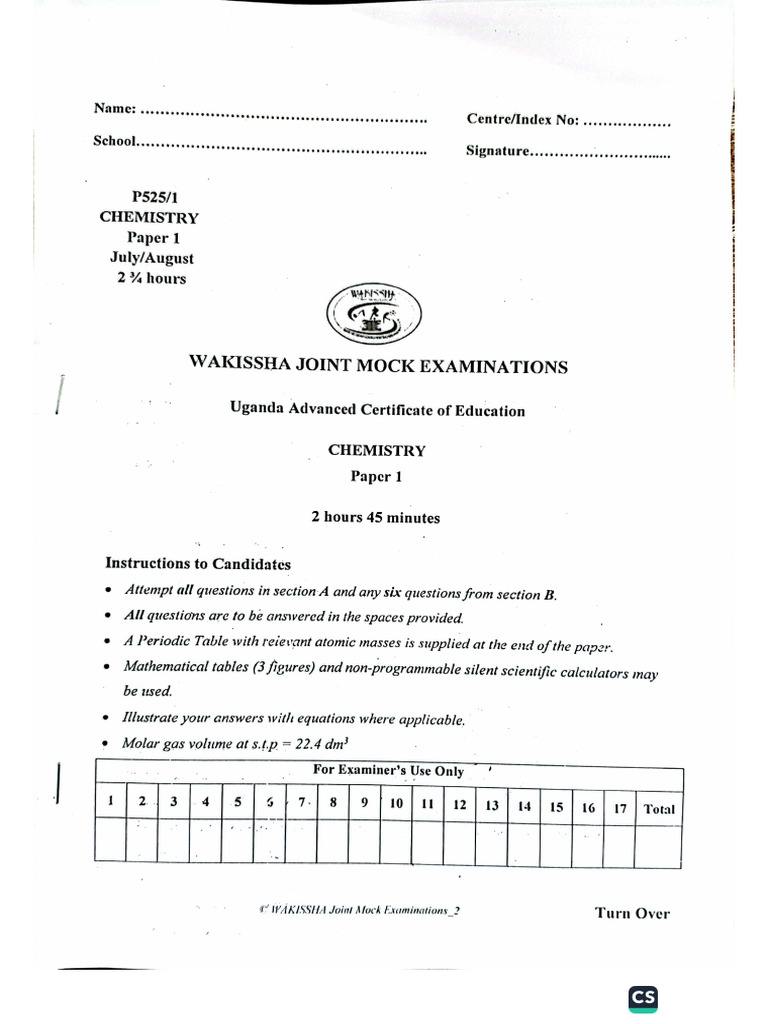 Wakisha JOINT MOCK EXAMINATIONS 2022 CHEMISTRY PAPER 1 A LEVEL | PDF