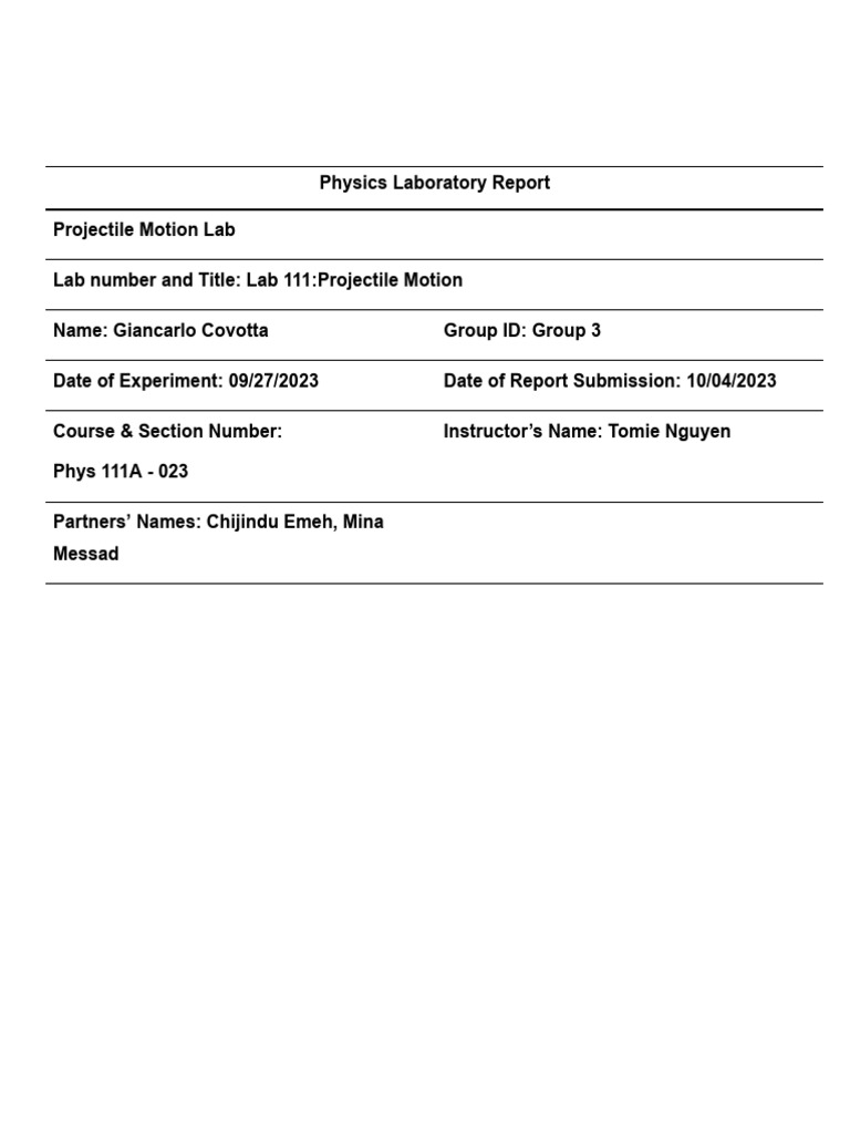 Lab 111 - Projectile Motion | PDF