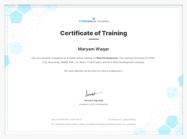 Web Development Training - Certificate of Completion | PDF