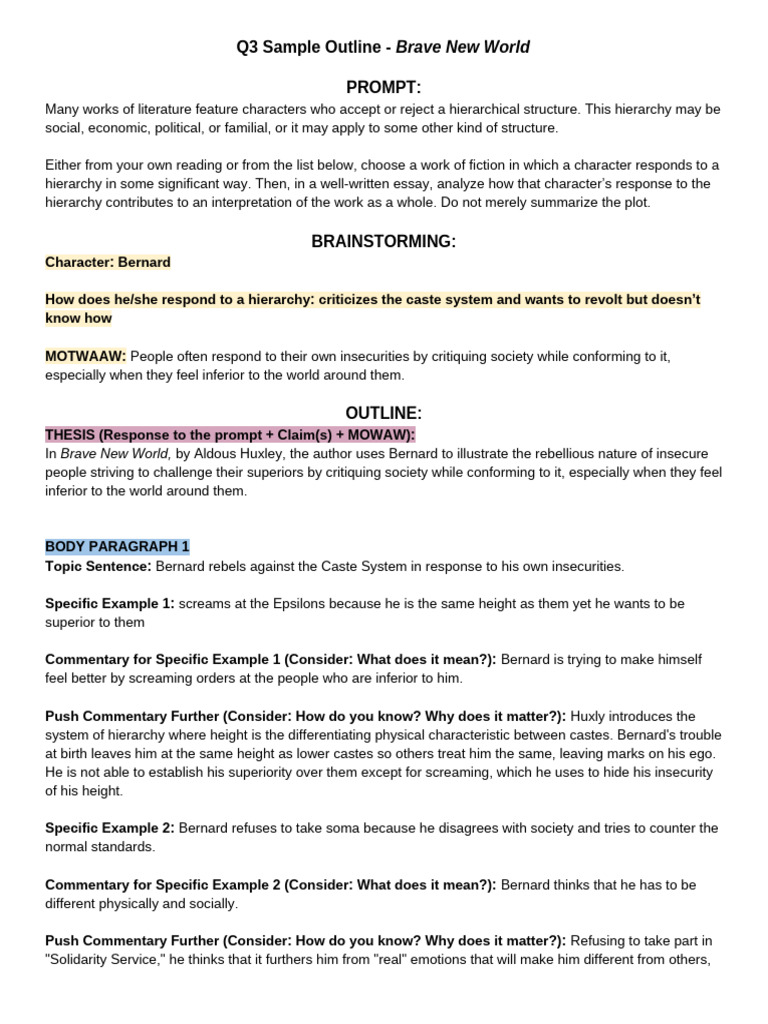 AP LIT Q3 Sample Outline - Brave New World | PDF