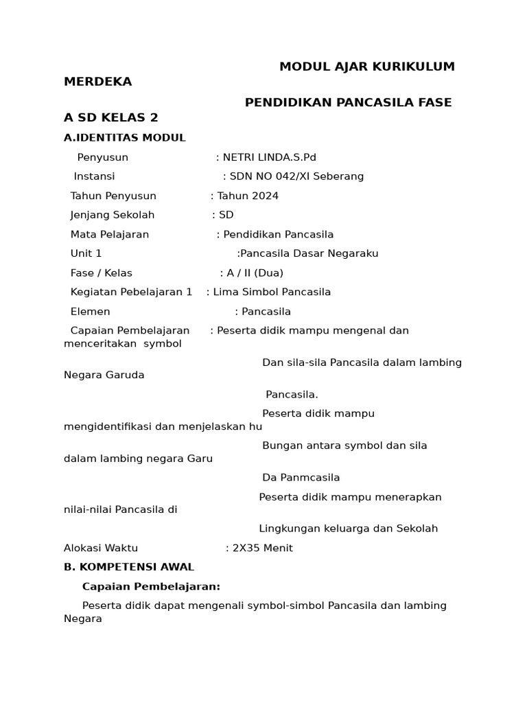 Modul Ajar Kelas 2 Simbol Pancasila | PDF
