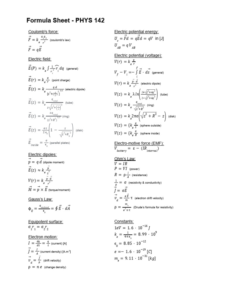 PHYS 142 - Formula Sheet | PDF