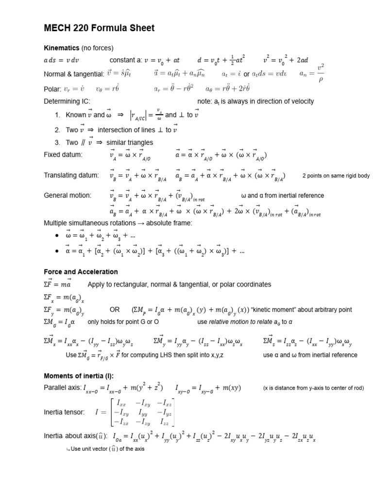 MECH 220 - Formula Sheet | PDF