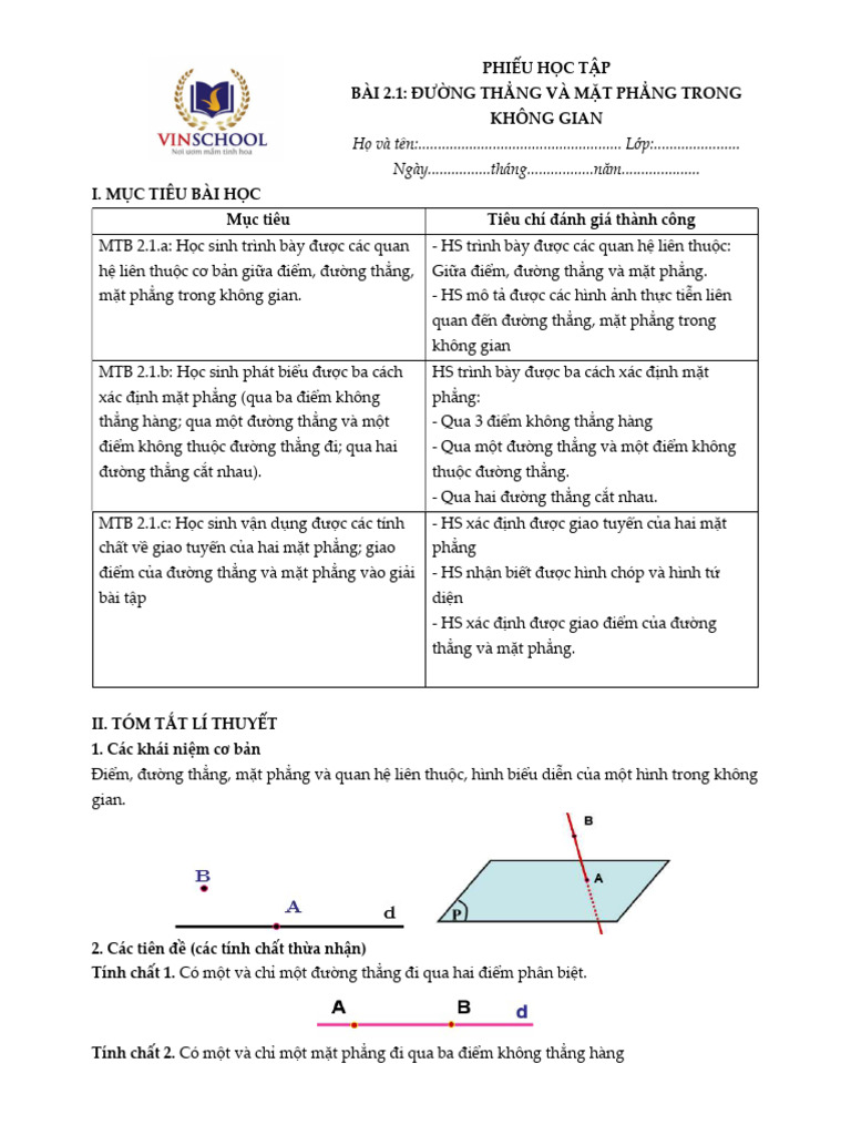 K11 - PHT - C2 - Bai 2.1 - Duong Thang Va Mat Phang Trong Khong Gian | PDF