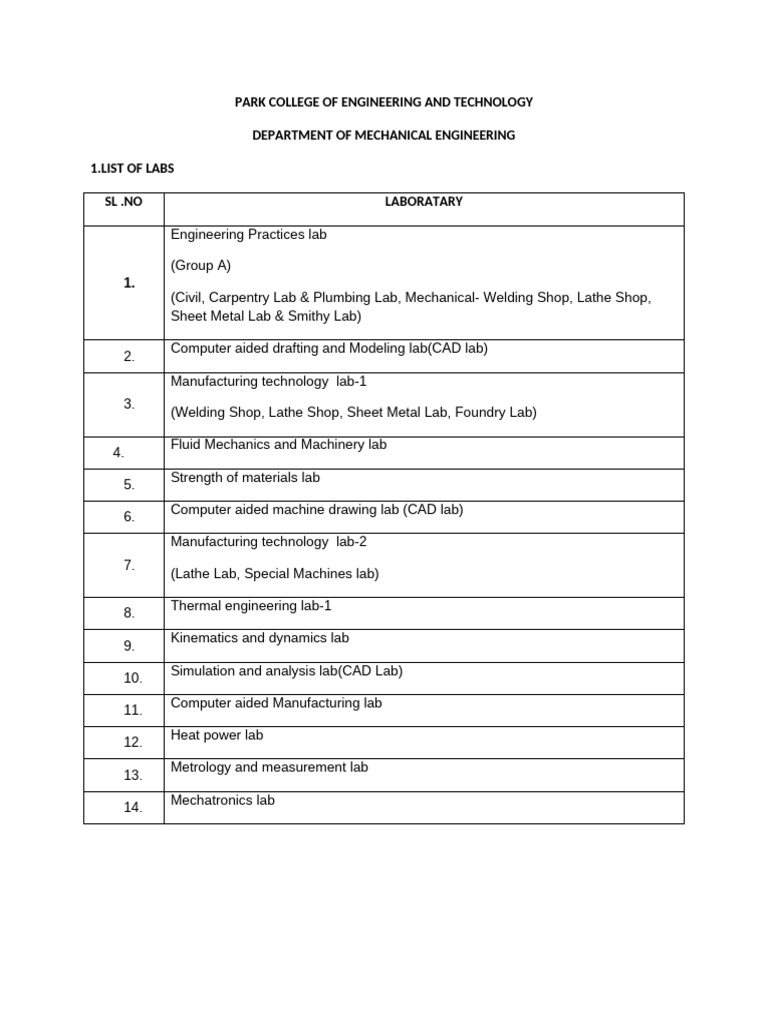 High Cost Mech Lab Equipments and Lab Names | PDF