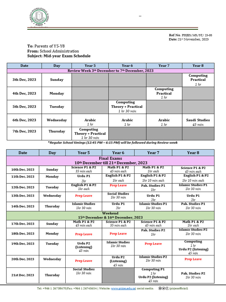 Y5-Y8-Mid Year Exam Schedule 23-24 | PDF