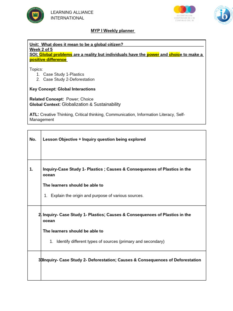 Week 3 Planner-MYP 1 | PDF