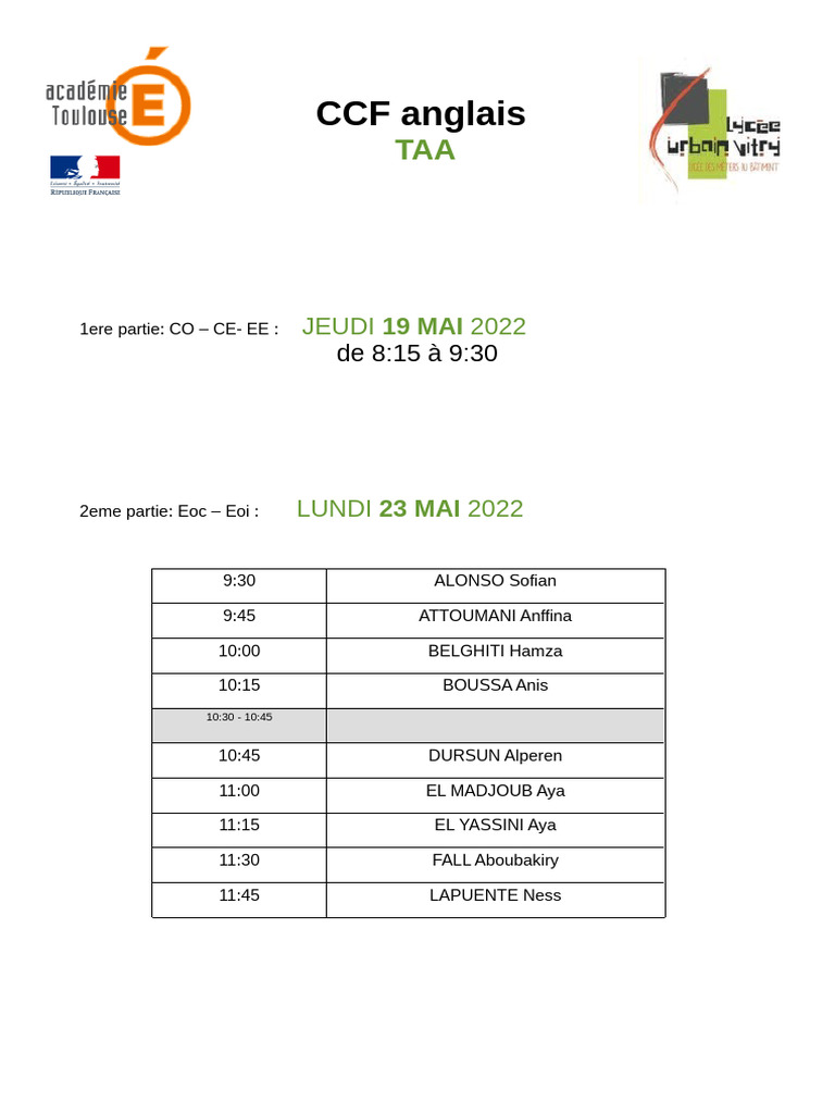 TAA - Convocation Eleves - CCF 2022 | PDF