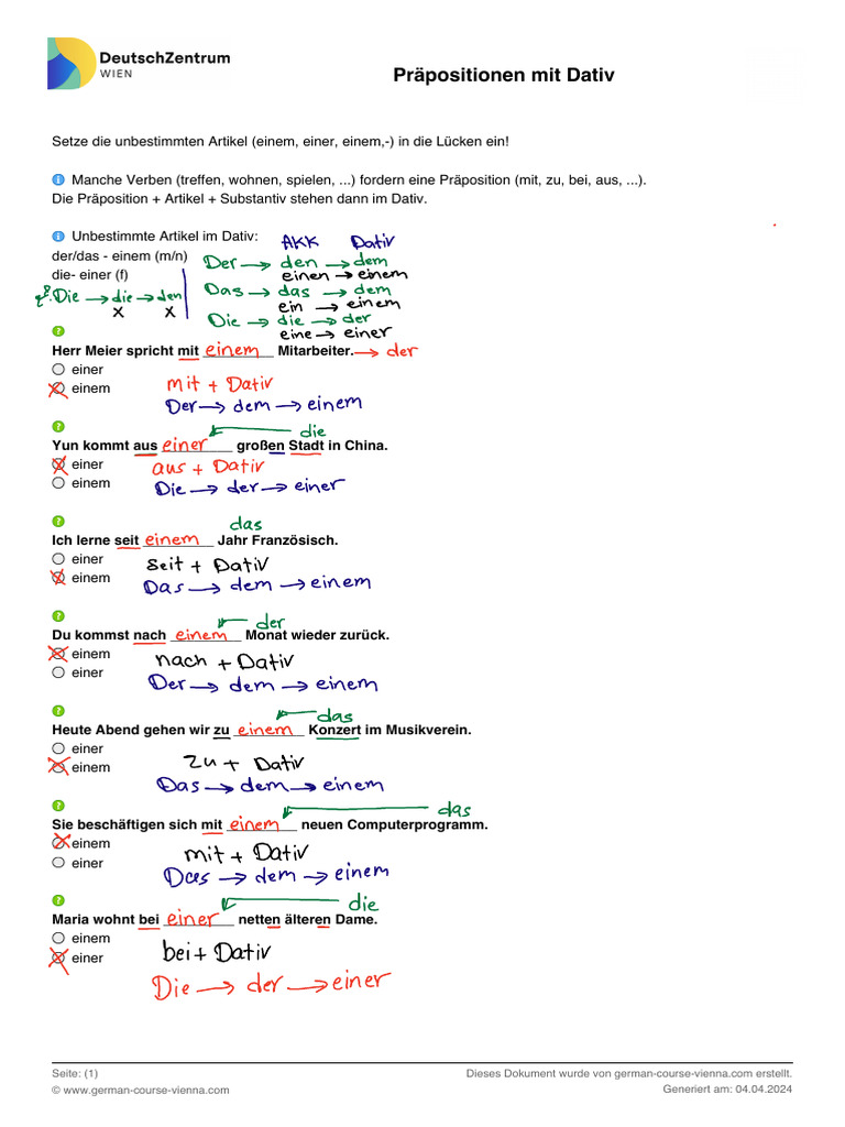 Deutsch A2 Level Praepositionen Mit Dativ | PDF