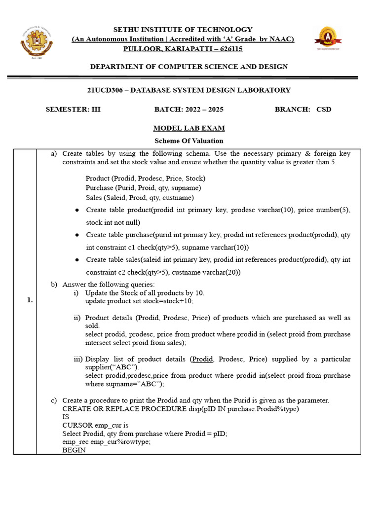 DBSD Lab Scheme of Valuation | PDF | Data Management | Computer Programming