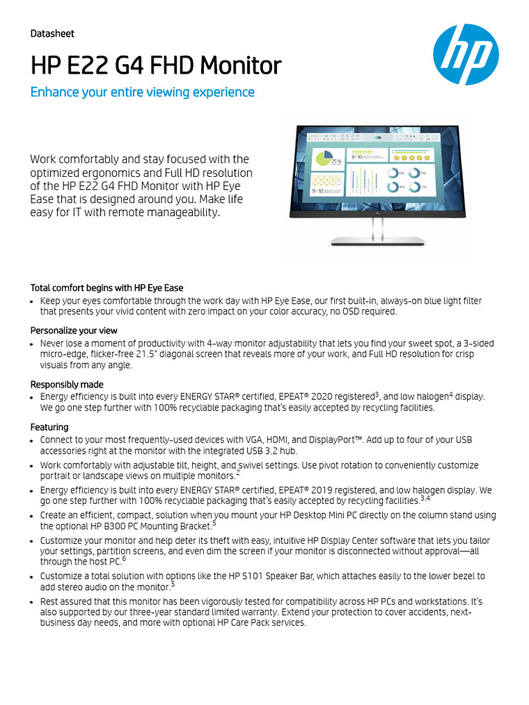HP E22 G4 FHD Monitor: Enhance Your Entire Viewing Experience | PDF