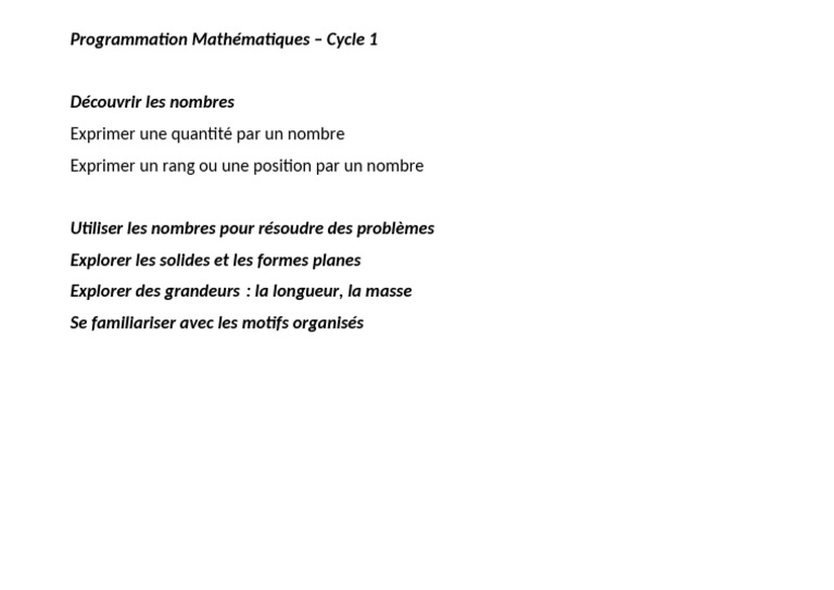Synthèse Programmes de Mathématiques Cycle 1 | PDF